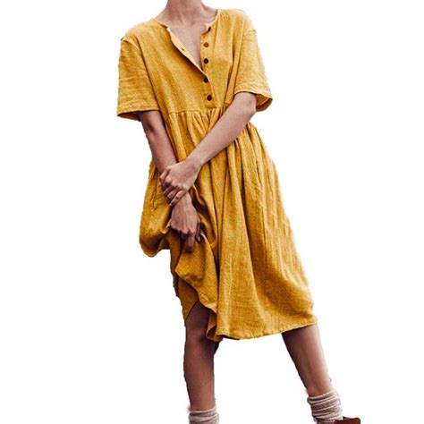 Women Plus Size Dresses Summer Solid Color Round Neck Short Sleeve