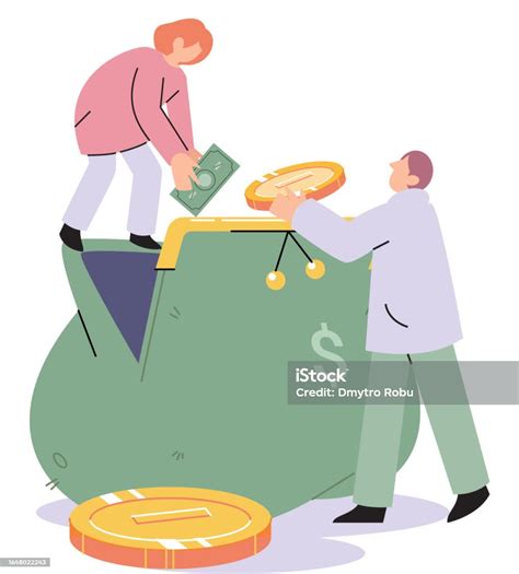 지갑에 돈을 넣는 사람 동전과 달러 지폐를 들고 있는 남자와 여자 저축 및 투자 격언에 대한 스톡 벡터 아트 및 기타 이미지