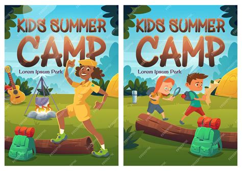 어린이 여름 캠프 만화 포스터 어린이 하이킹 무료 벡터