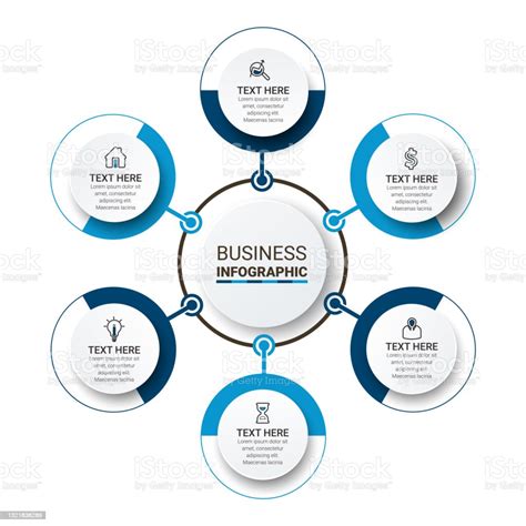 선형 아이콘이 있는 벡터 인포그래픽 요소와 원 주위에 배치된 텍스트 배치위치입니다 인포그래픽 디자인 템플릿입니다 벡터 그림입니다 개념에 대한 스톡 벡터 아트 및 기타 이미지
