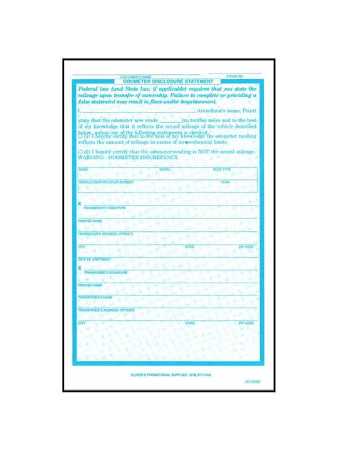 Odometer Statement 100pk Car Dealer Supplies Massachusetts