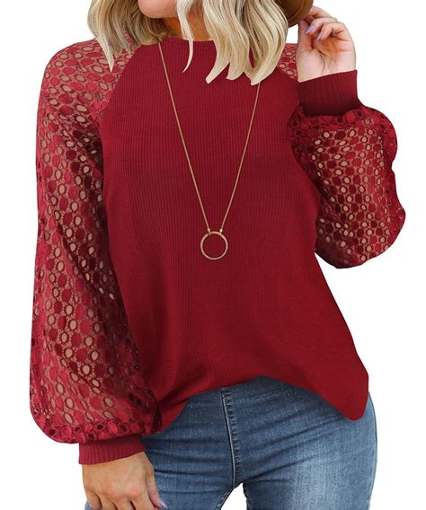 Tiyomi Plus Size Tops For Women Long Sleeve Lace Puff Sleeve Blouse