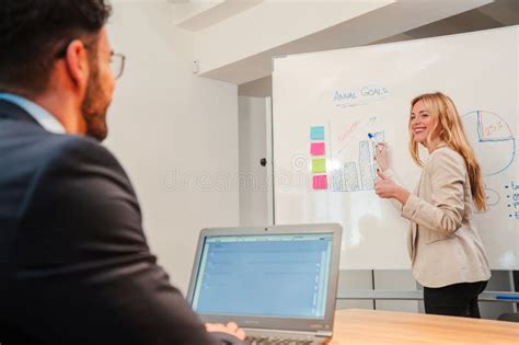Leader Woman Talking On A Brainstorming Presentation Using A Chart At