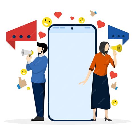 소셜 미디어 홍보 및 디지털 마케팅 개념 서서 스피커를 사용하는 사람들 프리미엄 벡터