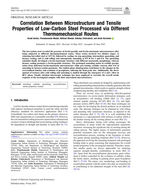Pdf Correlation Between Microstructure And Tensile Properties Of Low Carbon Steel Processed