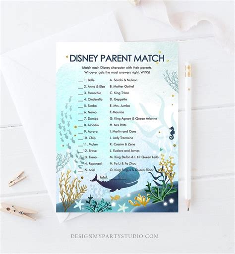Editable Disney Parent Match Game Whale Nautical Baby Shower Game Ocean