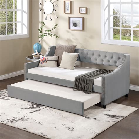 Twin Size Daybed With Pull Out Trundle Modern Upholstered Bed Frame With Button Tufted Backrest