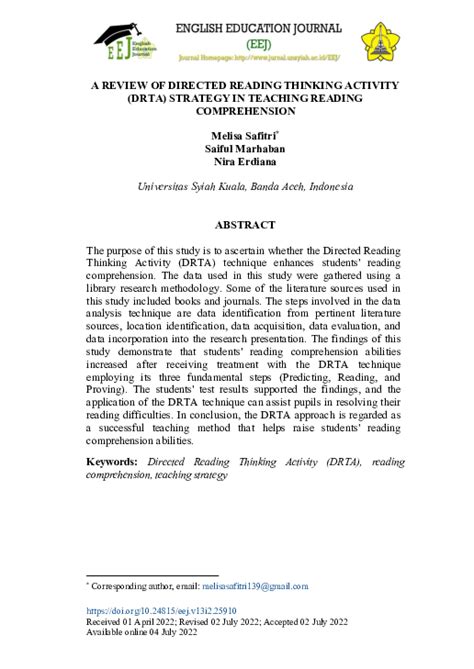 Pdf A Review Of Directed Reading Thinking Activity Drta Strategy In