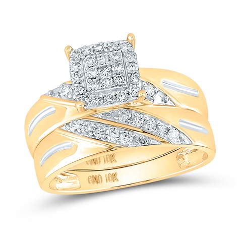 10k Yellow Gold His Hers Round Diamond Square Matching Wedding Set 58
