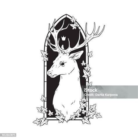 담쟁이 덩굴 라인 아트와 도트 아트 인쇄 디자인 벡터 일러스트 레이 션과 고딕 아치 위에 손으로 그린 사슴 머리에 대한 스톡 벡터 아트 및 기타 이미지 Istock
