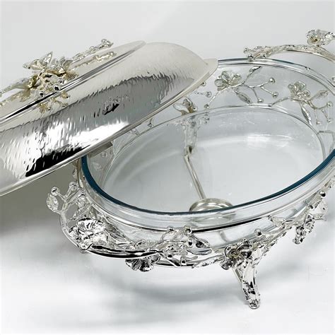 Pyrex Serving Dish On Gold Silver Tone Stand With Warmer Noble Home Ts