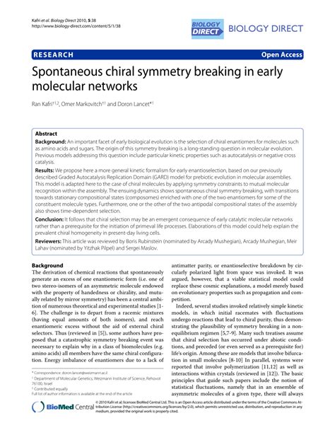 Pdf Spontaneous Chiral Symmetry Breaking In Early Molecular Networks