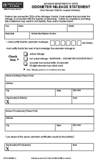 Michigan Odometer Disclosure Statement Form Bdvr 108 Pdfsimpli