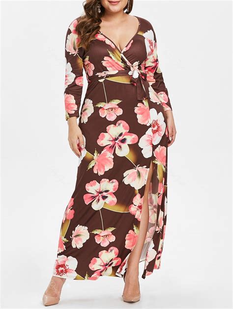 Plus Size Front Slit Floral Print Maxi Dress With Belt 35 Off Rosegal