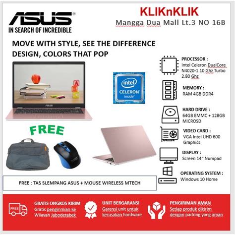 Jual Laptop ASUS Vivobook E410MA N4020 4GB 64GB 128GB Rose Pink Office 365 MURAH Indonesia
