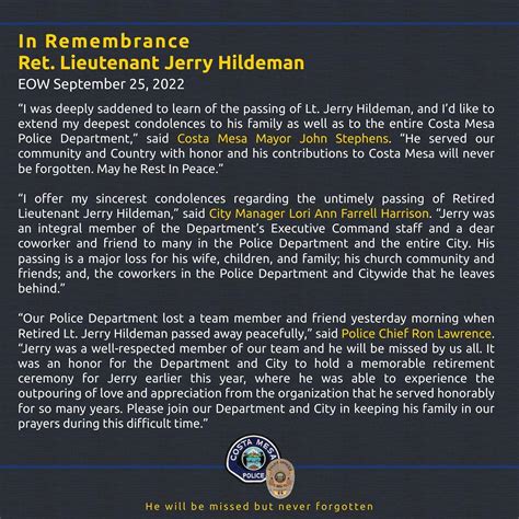 In Remembrance Of Retired Lieutenant Jerry Hildeman Costa Mesa Police Department — Nextdoor