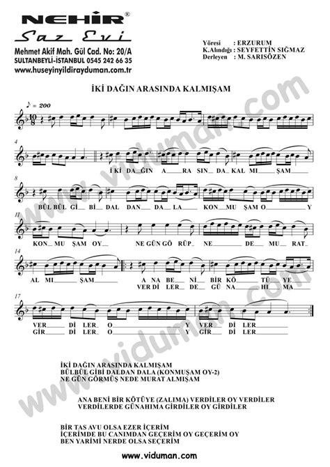 İki Dağın Arasında Kalmışam Bağlama Saz Türkü Notaları Hüseyin Yıldıray Duman İstanbul
