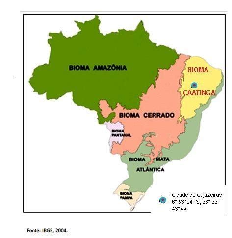 Localização do Bioma caatinga e da cidade de Cajazeiras no mapa de
