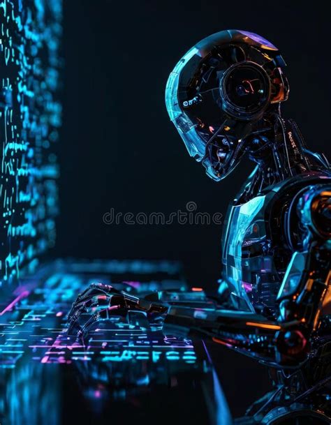 Futuristic Robot Working On A Complex Digital Interface In Dark Setting