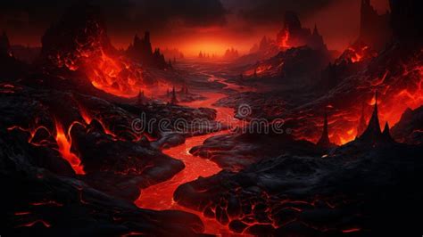 Flowing Magma Lava Field Glowing Lava And Magma Flows Stock