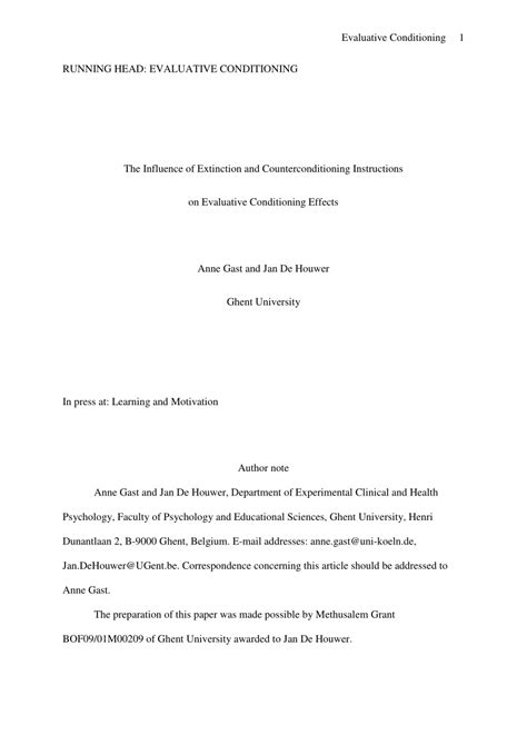 Pdf The Influence Of Extinction And Counterconditioning Instructions On Evaluative