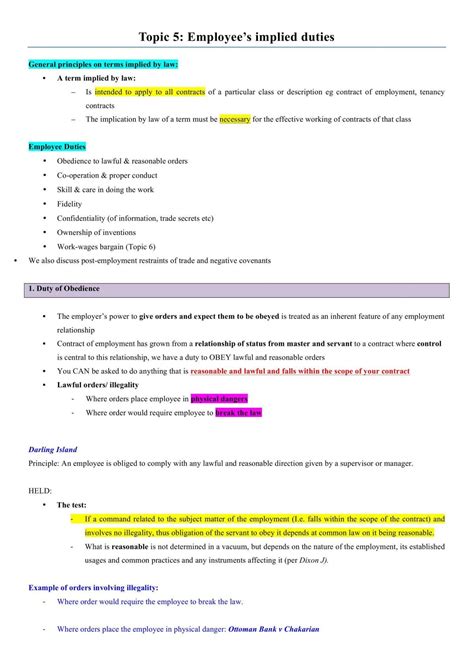 Employee S Implied Duties Notes Law4132 Law Of Employment Monash