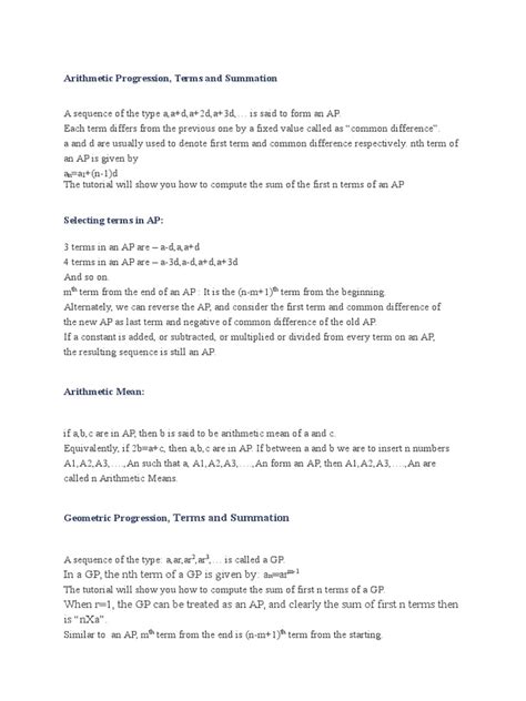 Arithmetic Progression Pdf Summation Sequence