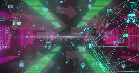 Image Of Connected Icons Over Illuminated Bars Forming Tunnel Against