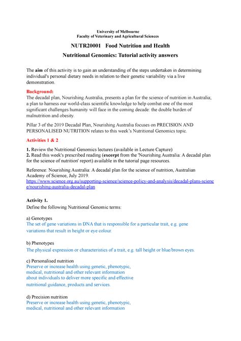 Tutorial No 9 Nutritional Genomics University Of Melbourne Faculty Of Veterinary And