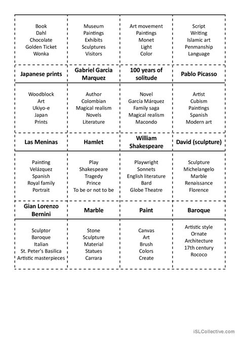 Taboo Cards On Art General Vocabular English Esl Worksheets Pdf And Doc