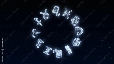 Zodiac Circle Rotate Grow And Show All Zodiac Sign And Name And Spark Effect Background Stock