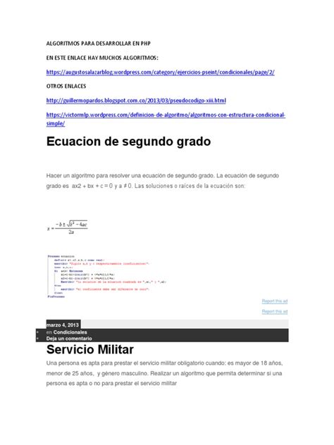 Algoritmos Para Desarrollar En Php Pdf Algoritmos Ecuaciones