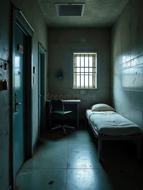 A Small Dimly Lit Prison Cell With A Single Bed Desk And Barred Window Letting In Light
