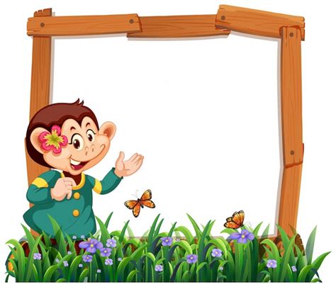 Free Vector Monkey Frame In Nature With Grass And Butterflies
