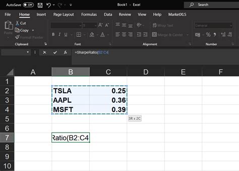 Sharpe Ratio Of Portfolio With MarketXLS Formulas