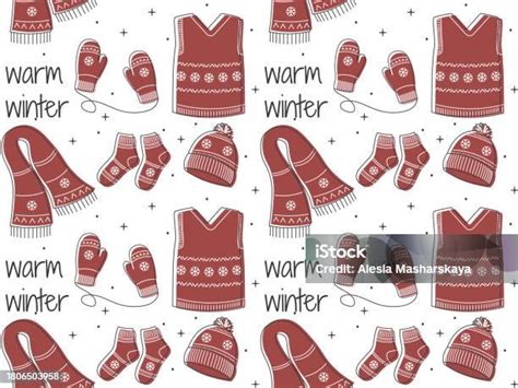 따뜻하고 포근한 옷 컬렉션 겨울 액세서리 따뜻한 겨울 비문이 있는 완벽 한 패턴입니다 낙서 스타일의 벡터 일러스트 레이 션 0명에 대한 스톡 벡터 아트 및 기타 이미지
