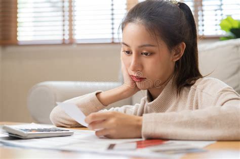 Financial Owe Asian Young Woman Girl Sitting Suffer Stressed And