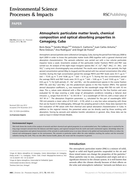 Pdf Atmospheric Particulate Matter Levels Chemical Composition And