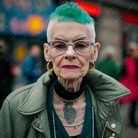 Premium Photo Portrait Of A Stylish Elderly Woman With Green Hair In