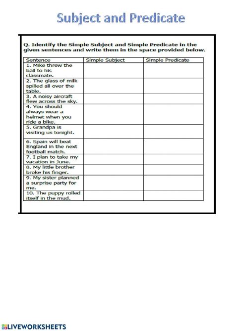 Simple Subject And Simple Predicate Worksheet Live Worksheets