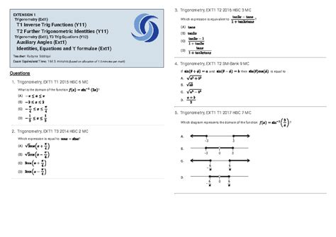 Trigonometry Yr 11 Hsc Exam Questions 1 Trigonometry Ext1 T1 2015 Hsc 6 Mc 2 Trigonometry