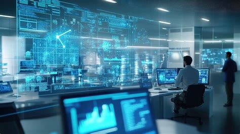 A Data Analyst Works In A Hightech Control Room Surrounded By Digital Displays Monitoring