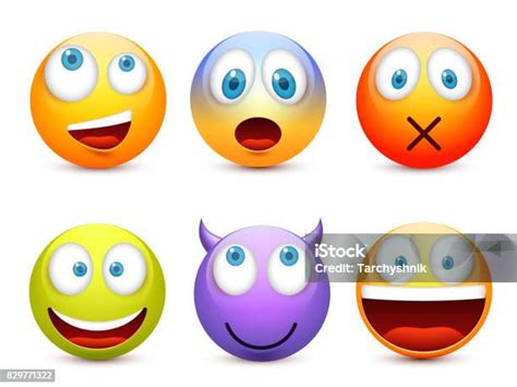 파란 눈 이모티콘 세트 웃는입니다 노란 얼굴 감정입니다 얼굴 식입니다 3d 현실 이모티콘입니다 슬픈 행복 화난 얼굴입니다 재미 있는 만화 캐릭터입니다 Moodvector