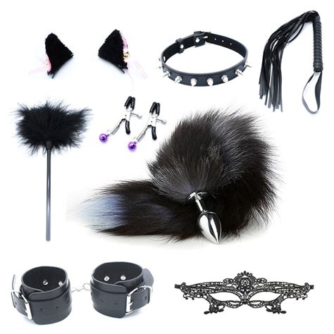 8pcs Adult Sex Toys Set Sexy Plush Tail Plug Cat Ears Hair Clips Rivet