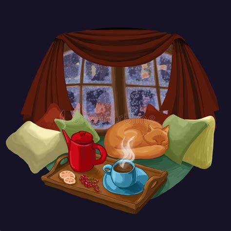 Ilustración De Gato Dormido Con Un Paisaje Invernal Afuera De La