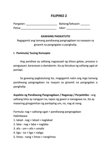 Las Filipino2 Q4 Las34 Nagagamit Ang Tamang Pandiwang Pangnagdaan Na