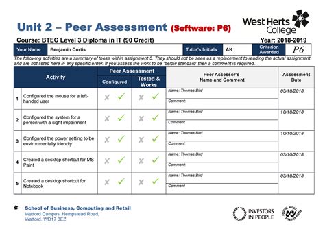 Assignment Peer Marking Sheet Unit Configuration P Course BTEC Level Diploma In IT