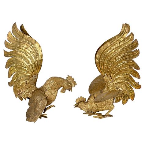 Pair Of Gold Plated Fighting Cockerel Ornaments Italy 1960s For Sale