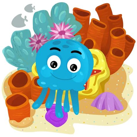 Cartoon Scene Coral Reef Swimming Octopus Gelly Fish Isolated Element
