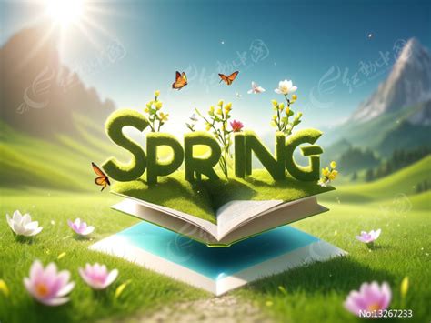 Spring春天英文创意字书本鲜花草地ai图片下载红动中国